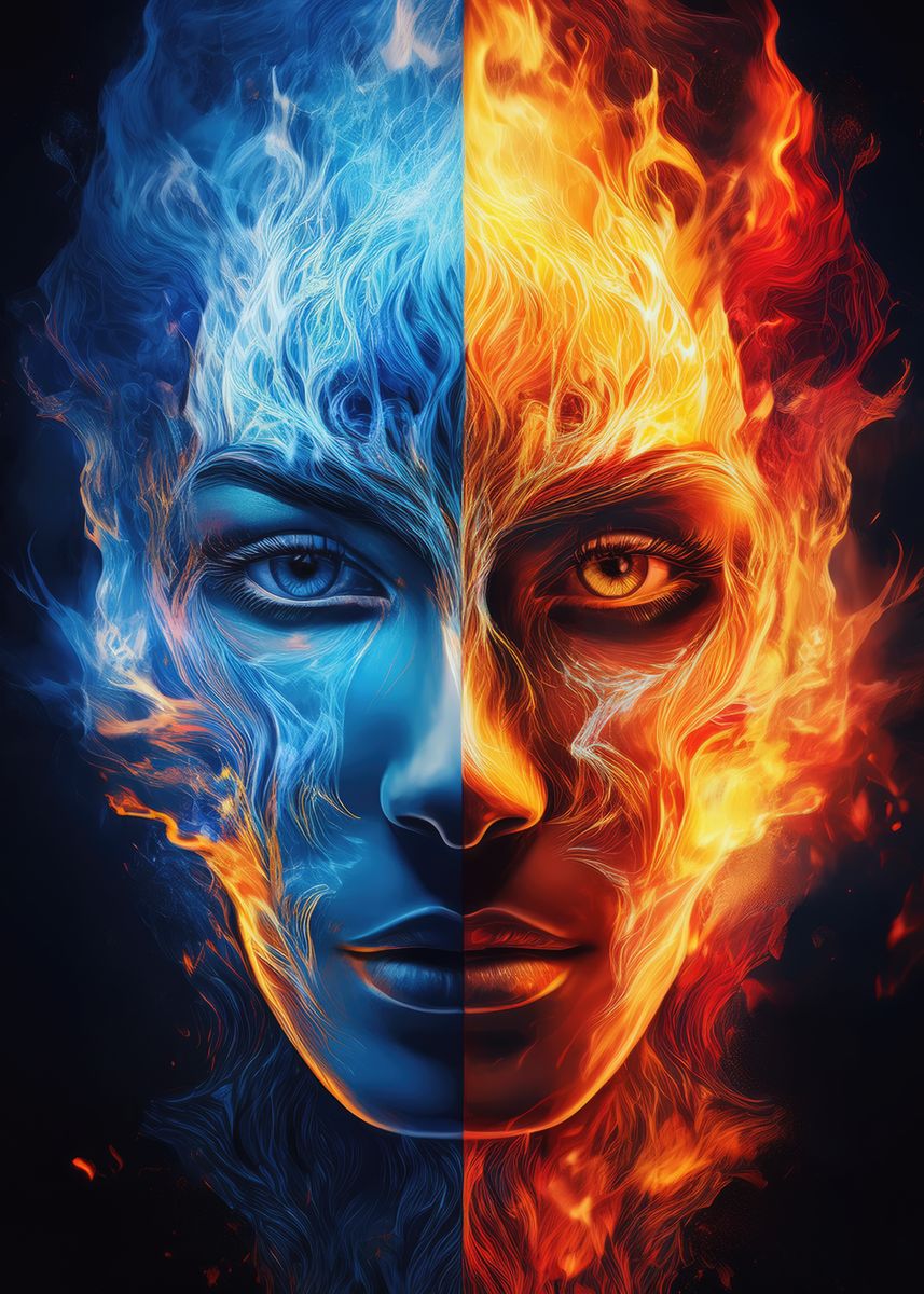 'Fire and Ice Face' Poster, picture, metal print, paint by PsychoShadow ...