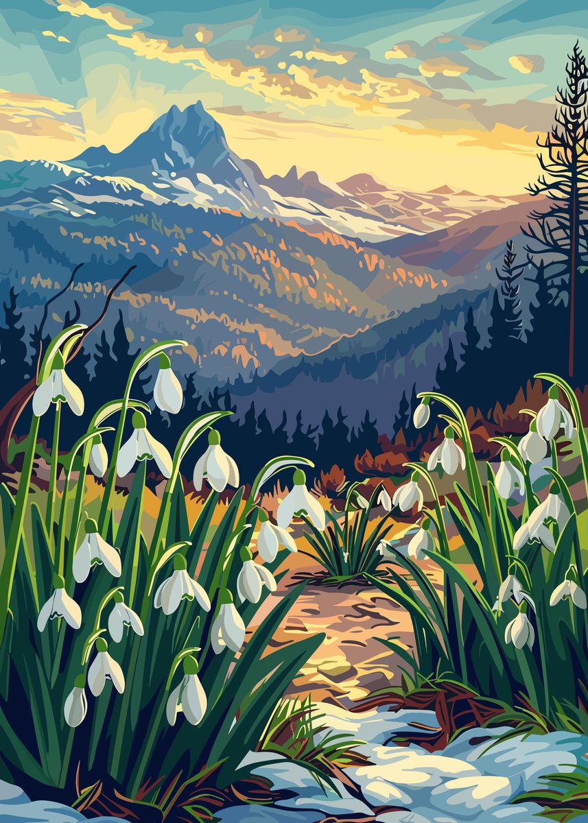 'Snowdrops and Mountain View' Poster, picture, metal print, paint by ...