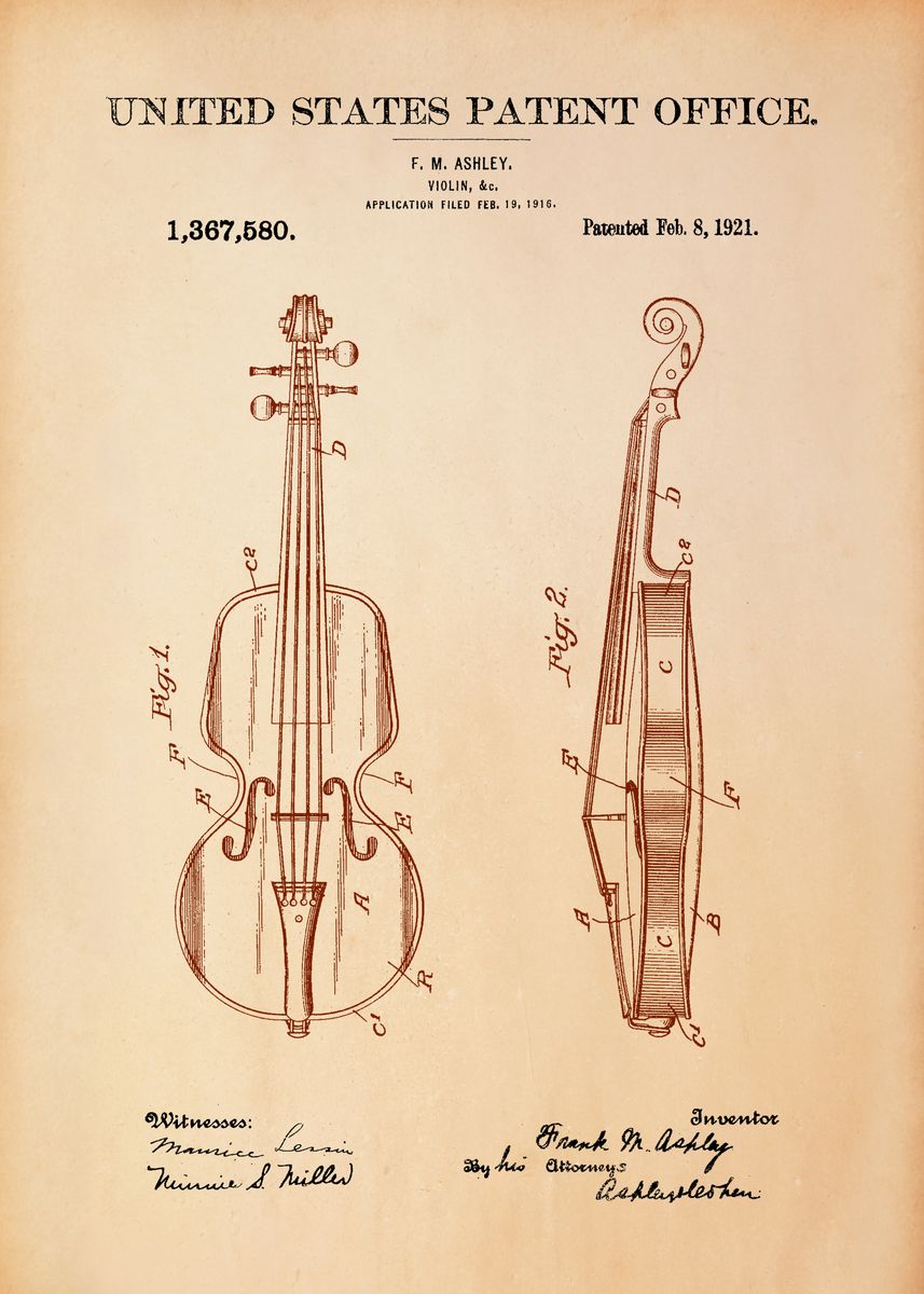 'Violin Patent Blueprint' Poster, picture, metal print, paint by Cris ...