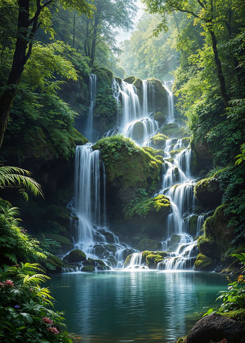 'Serene Waterfall in Lush Forest' Poster, picture, metal print, paint ...