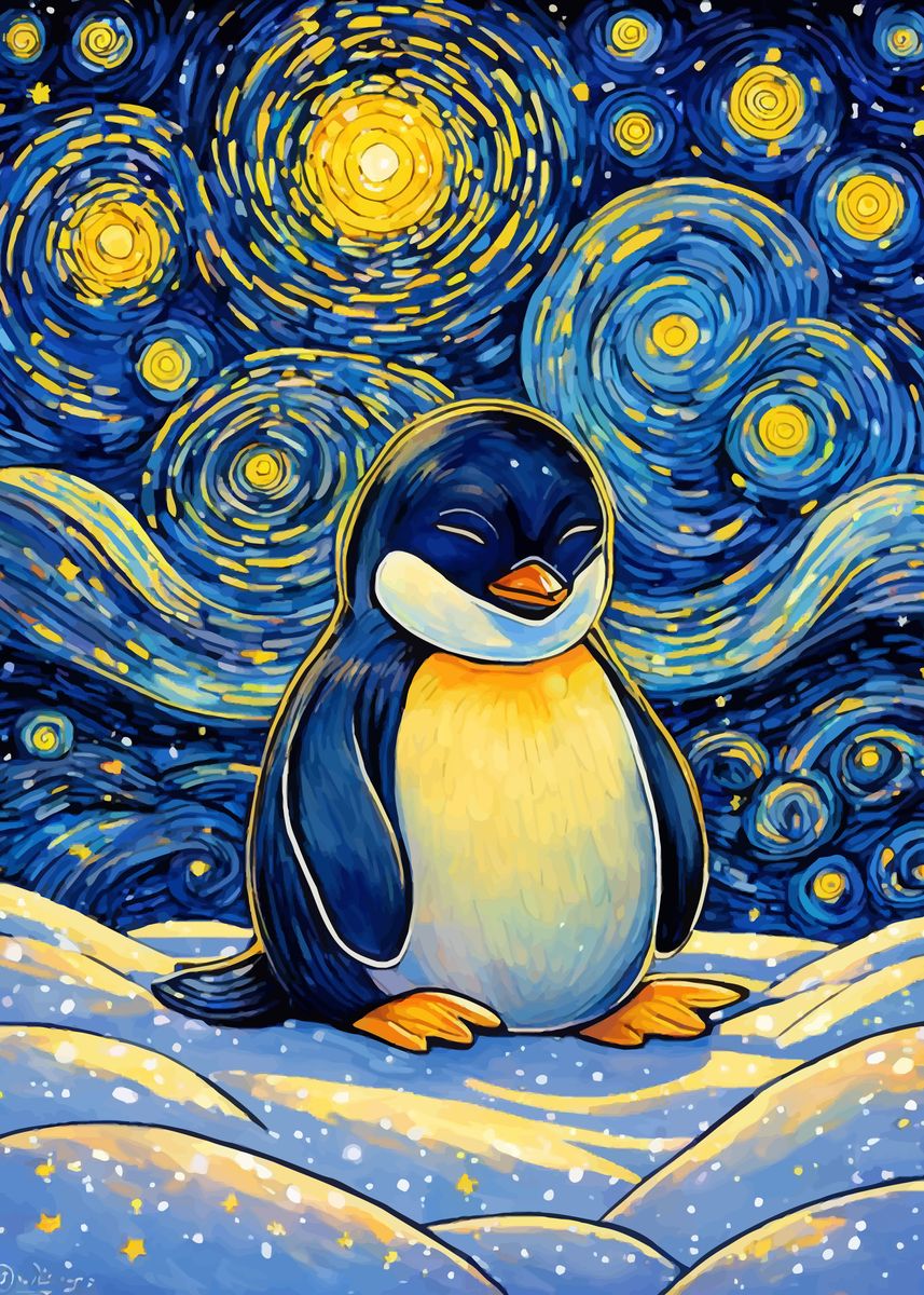 'Penguin Under Starry Night' Poster, picture, metal print, paint by ...