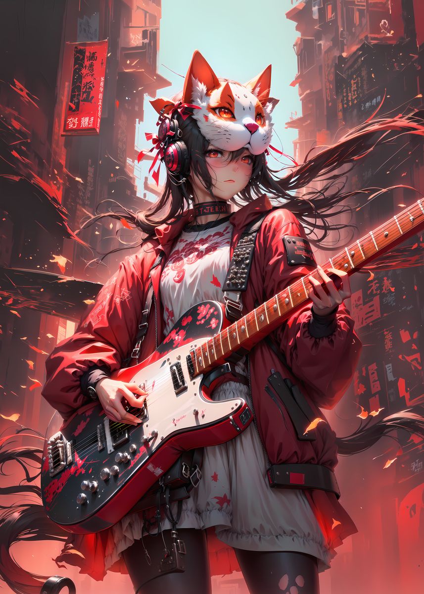 'Red Echo Anime Guitarist' Poster, picture, metal print, paint by Titan ...