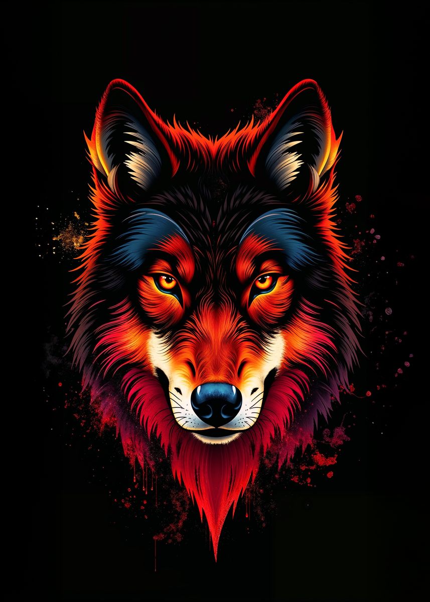 'Neon Predator. Spirit of the Wild. Fiery Wolf Portrait' Poster ...