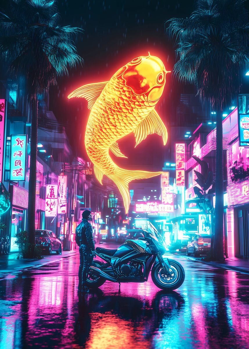 'Neon Koi Goldfish Dreams Cityscape' Poster, picture, metal print ...