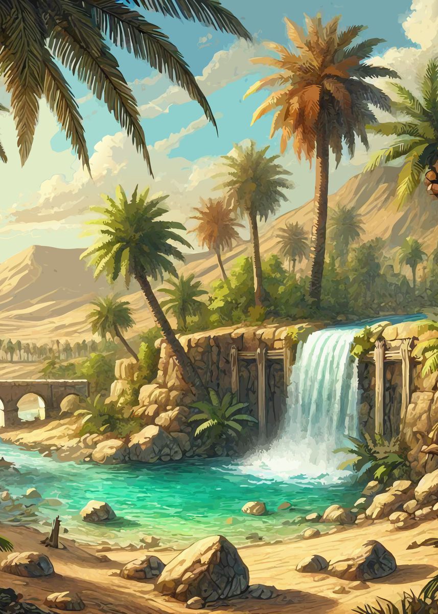 'Oasis Waterfall Landscape' Poster, picture, metal print, paint by Ray ...