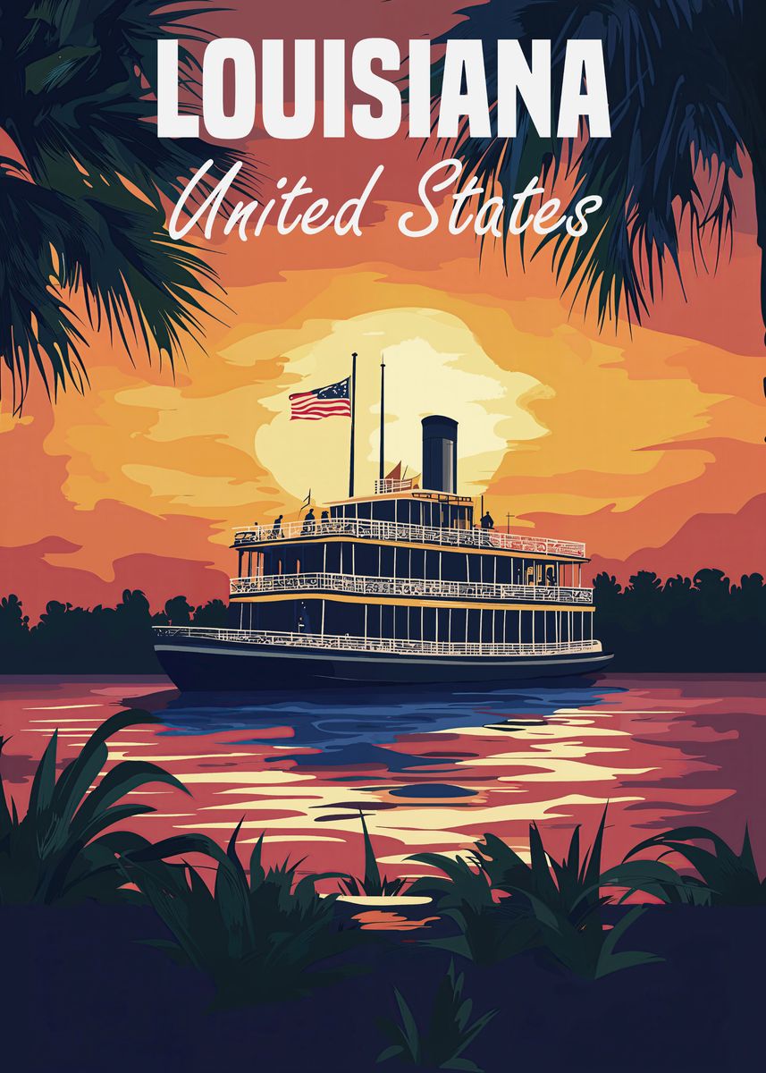 'Louisiana Riverboat Sunset Poster' Poster, picture, metal print, paint ...