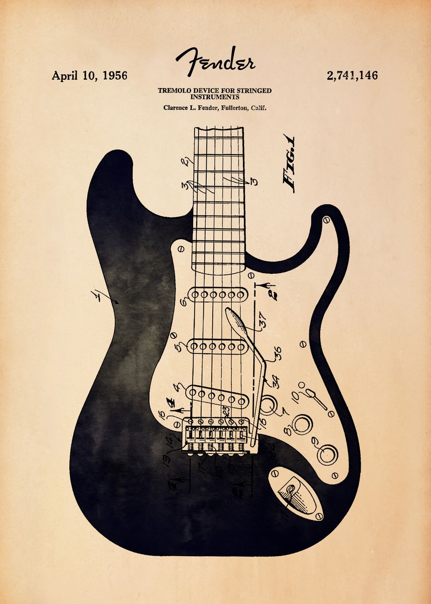 'Fender Guitar Patent' Poster, picture, metal print, paint by Cris de ...