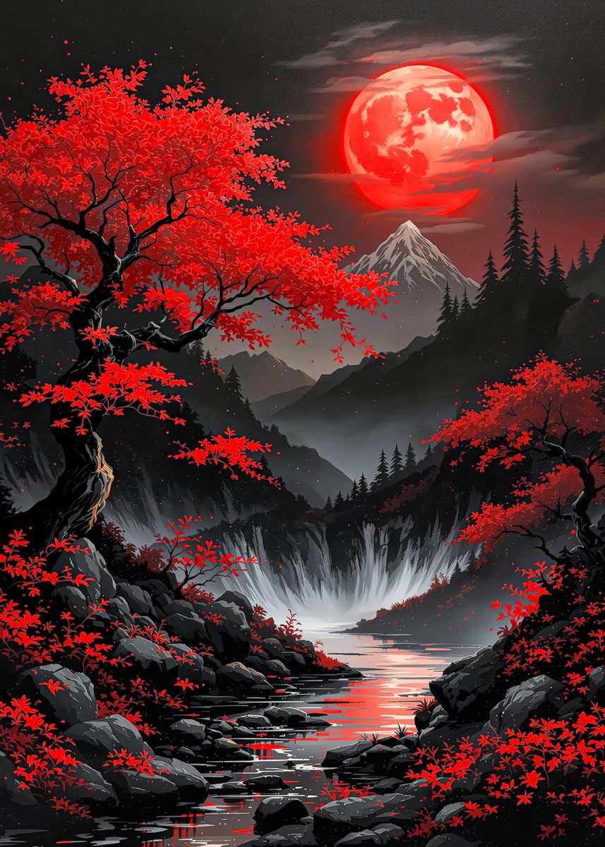 'Red Moon Mountain Landscape' Poster, picture, metal print, paint by ...