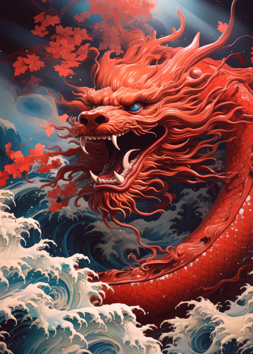 'Red Dragon in Waves' Poster, picture, metal print, paint by joseamura ...