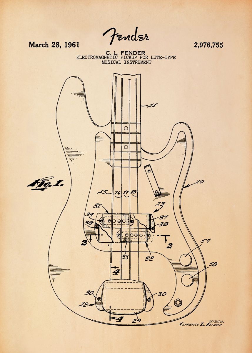 'Fender Bass Guitar Patent' Poster, picture, metal print, paint by Cris ...