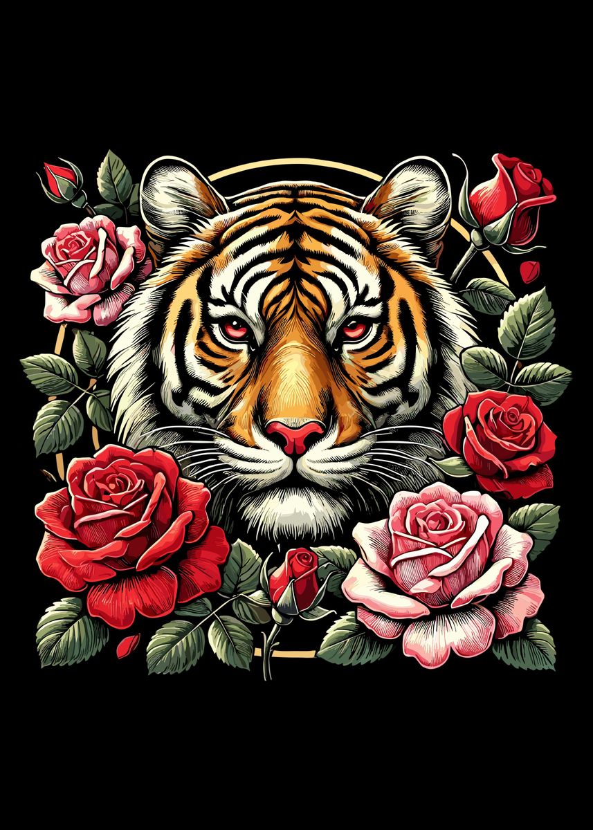 'Tiger and Roses' Poster, picture, metal print, paint by Ba Ab | Displate