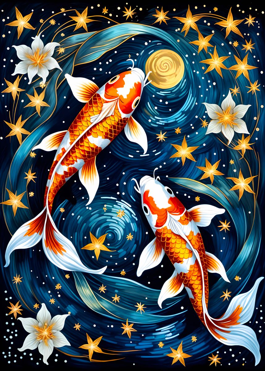 'Koi Fish Starry Night' Poster, picture, metal print, paint by Yushiroe ...