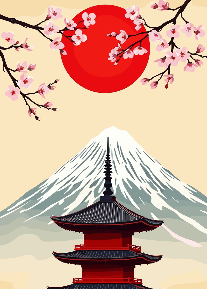 'Japanese Mount Fuji Red Sun' Poster, picture, metal print, paint by ...