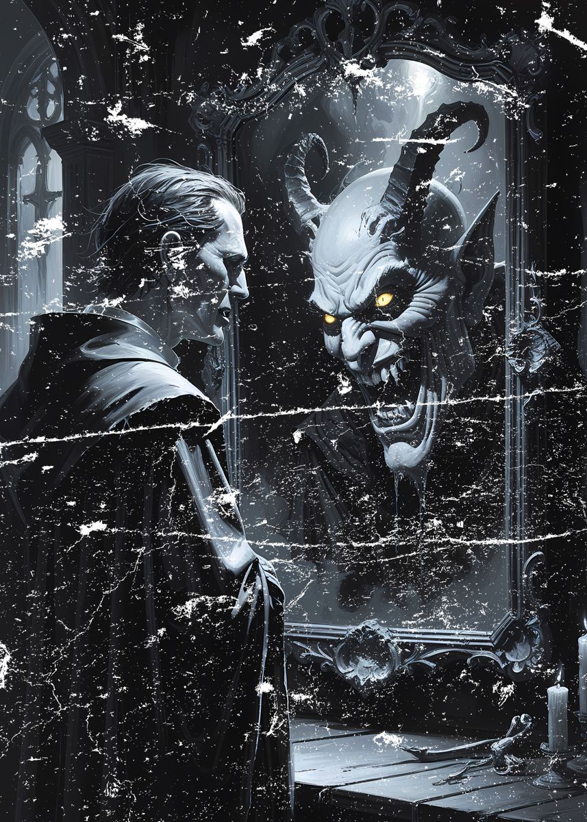 'Man Gazing at Demon Reflection' Poster, picture, metal print, paint by ...