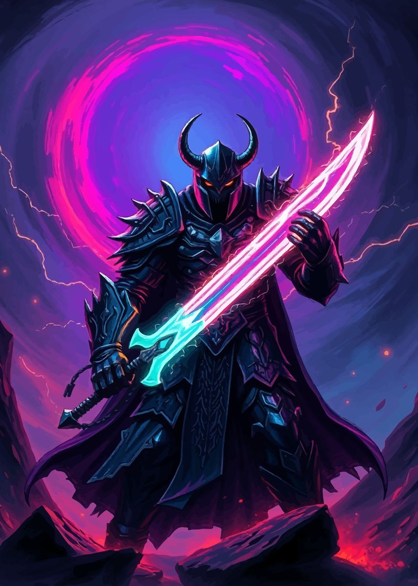 'Dark Knight with Glowing Sword' Poster, picture, metal print, paint by ...