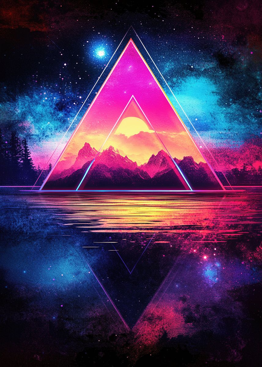 'Neon Sunset Mountains' Poster, picture, metal print, paint by ...