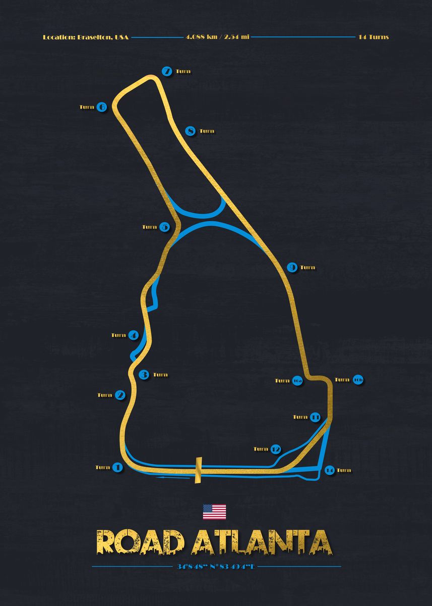 'Road Atlanta Race Track Map' Poster, picture, metal print, paint by ...