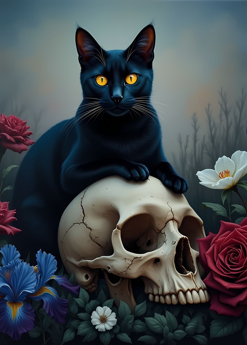 'Black Cat On A skull In A Field Of Flowers' Poster, picture, metal ...