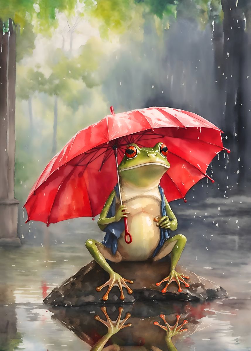 'Frog holding Umbrella Painting' Poster, picture, metal print, paint by ...