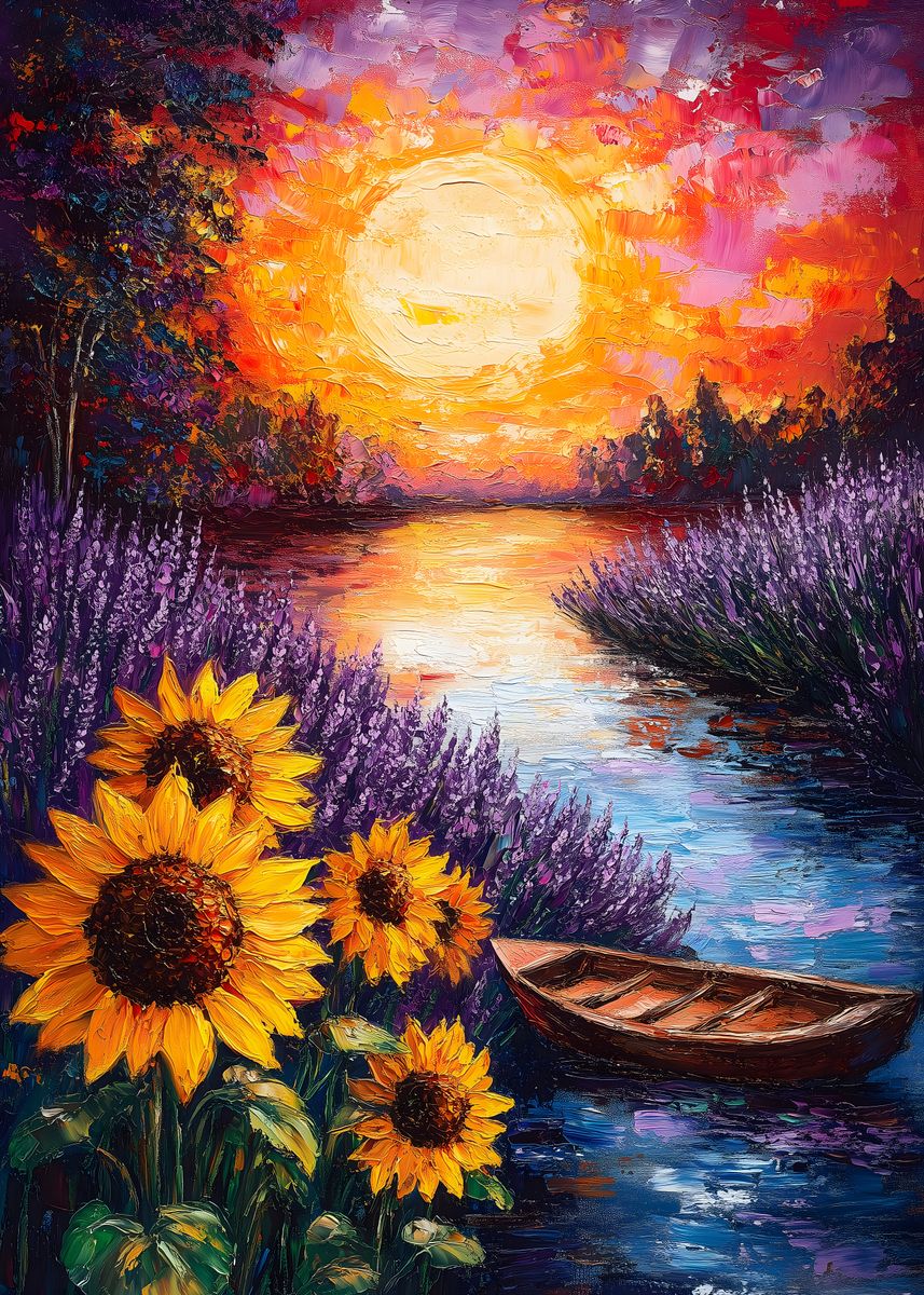 'Sunset River Landscape' Poster, picture, metal print, paint by ...