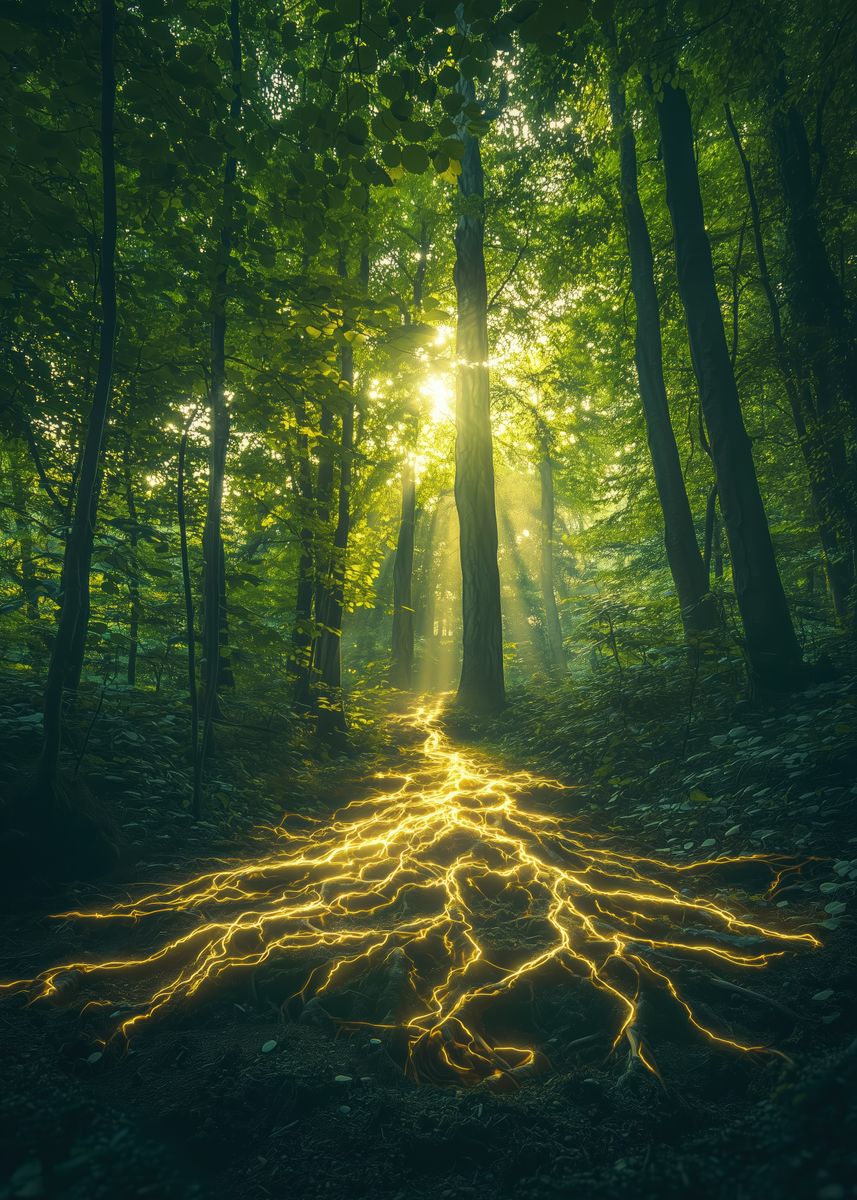'Glowing Root Path in Forest' Poster, picture, metal print, paint by ...