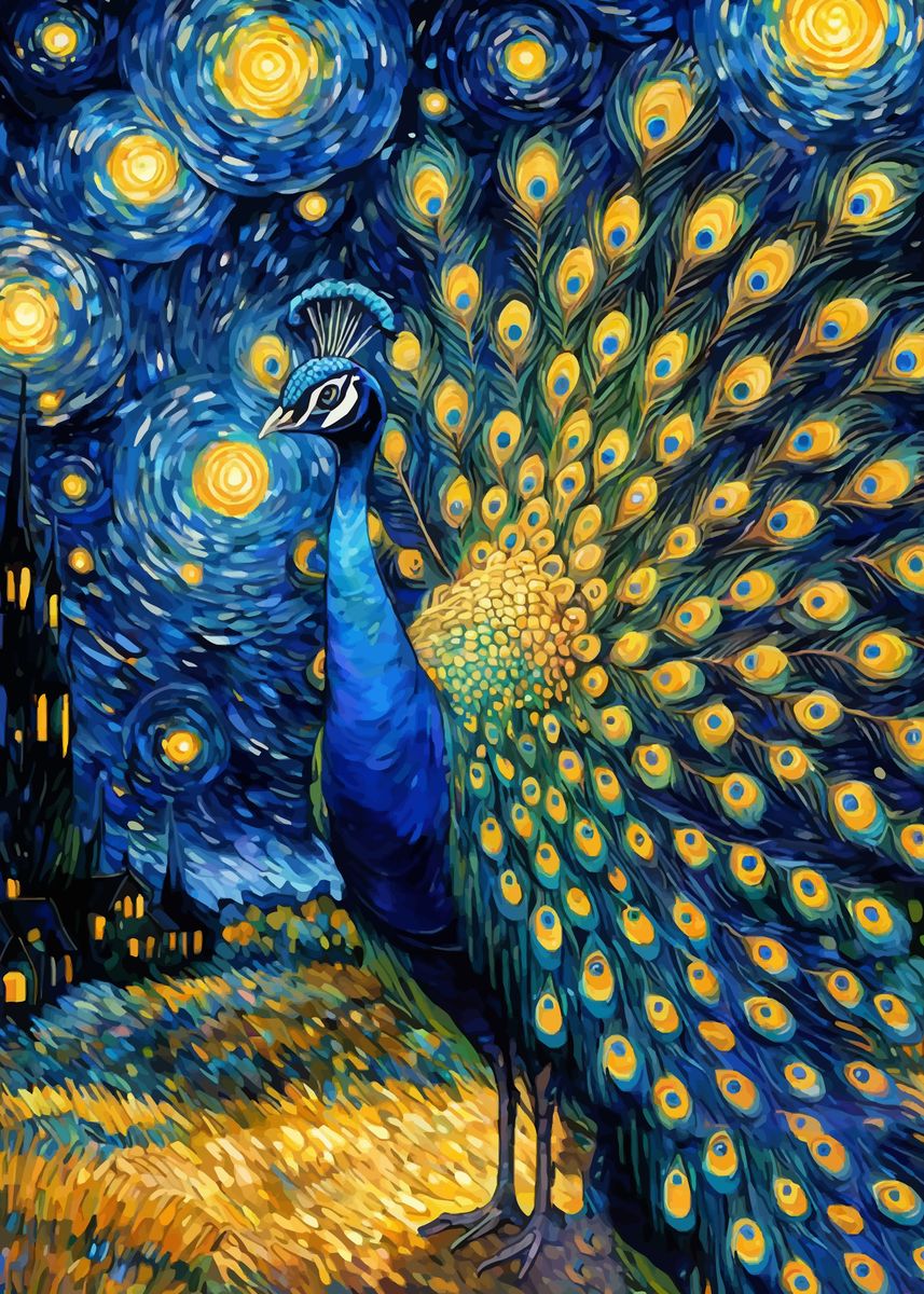 'Peacock Under Starry Night' Poster, picture, metal print, paint by ...