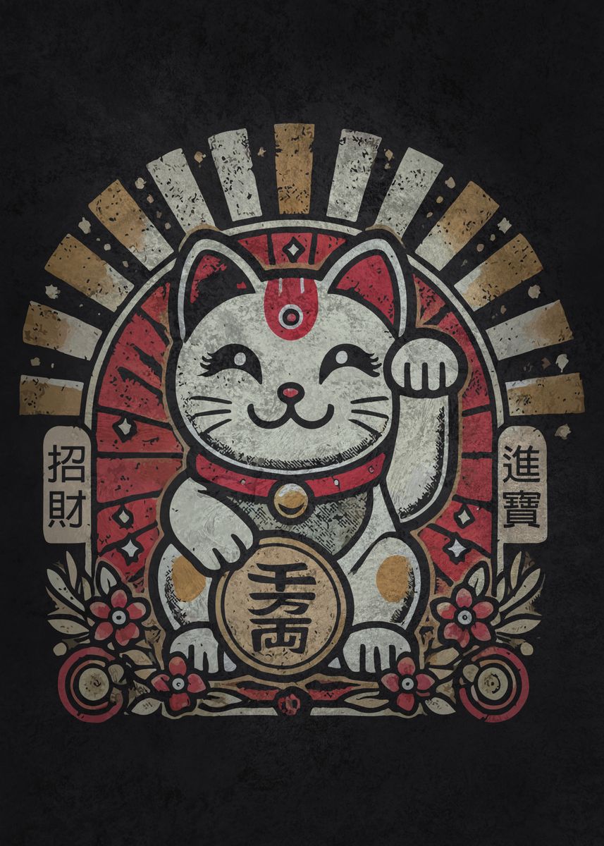 'Vintage Maneki-Neko Lucky Money Cat' Poster, picture, metal print ...