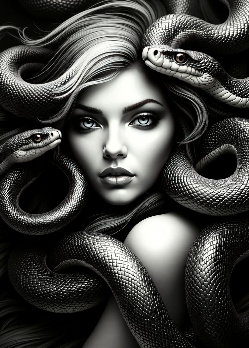 'Medusa The Gorgon B&W' Poster, picture, metal print, paint by Lorence ...