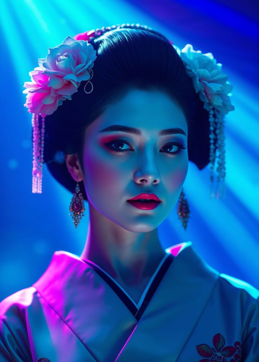 'Geisha in Blue Neon Lights' Poster, picture, metal print, paint by TK ...