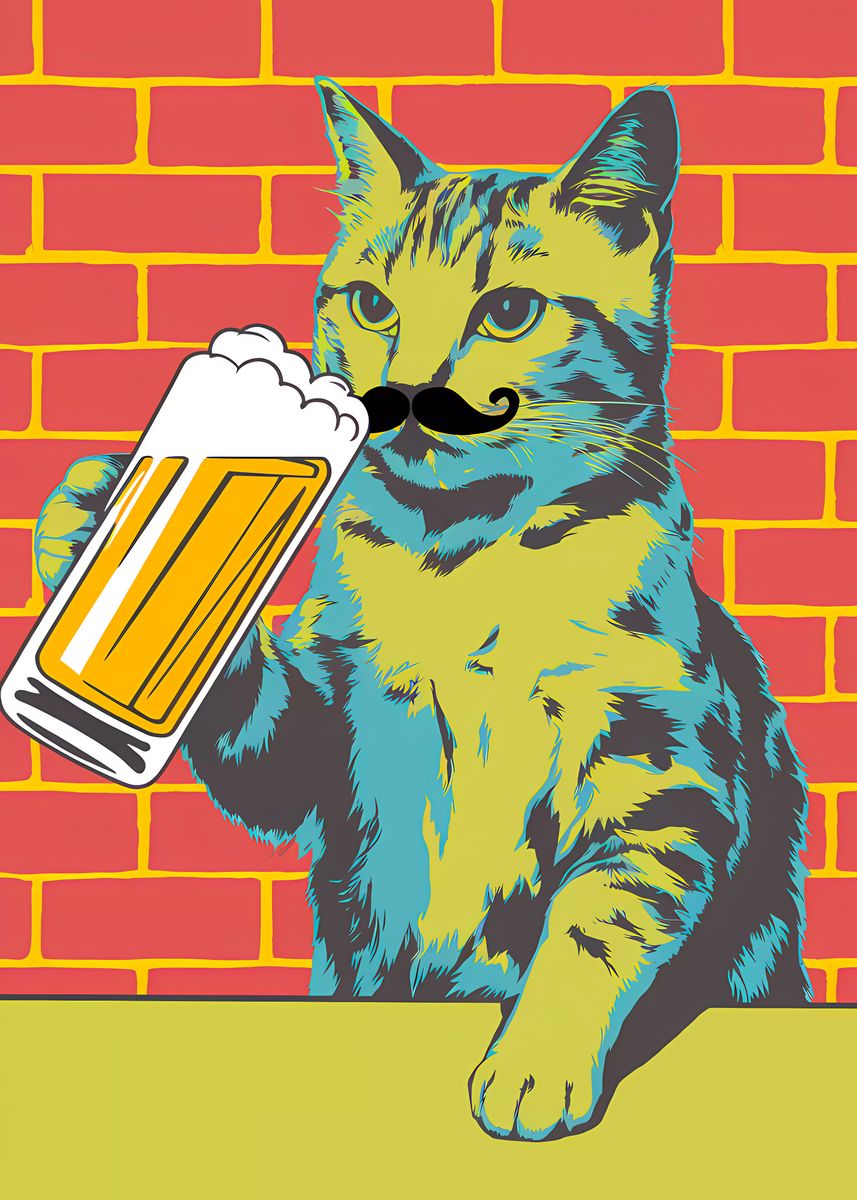 'Funny Mustache Cat with Beer' Poster, picture, metal print, paint by ...
