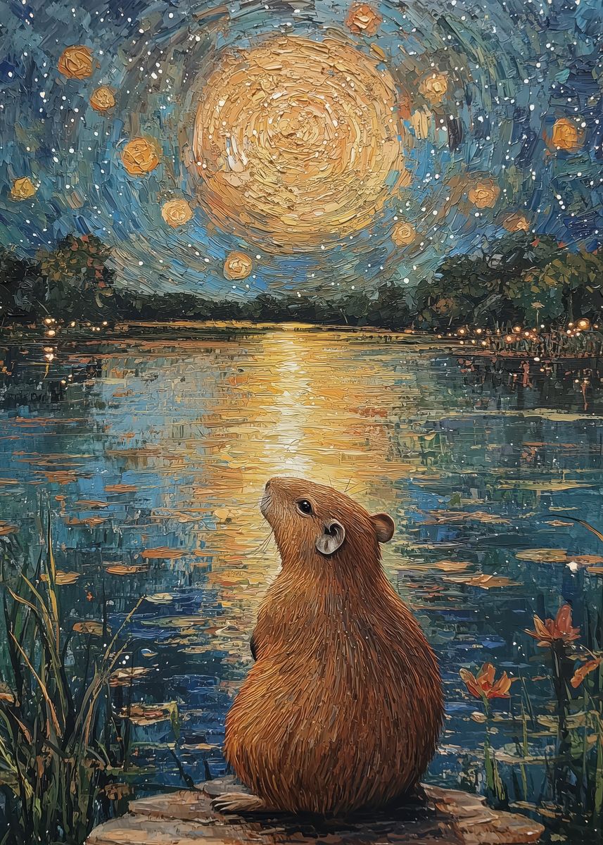 'Capybara Under Starry Sky' Poster, picture, metal print, paint by ...