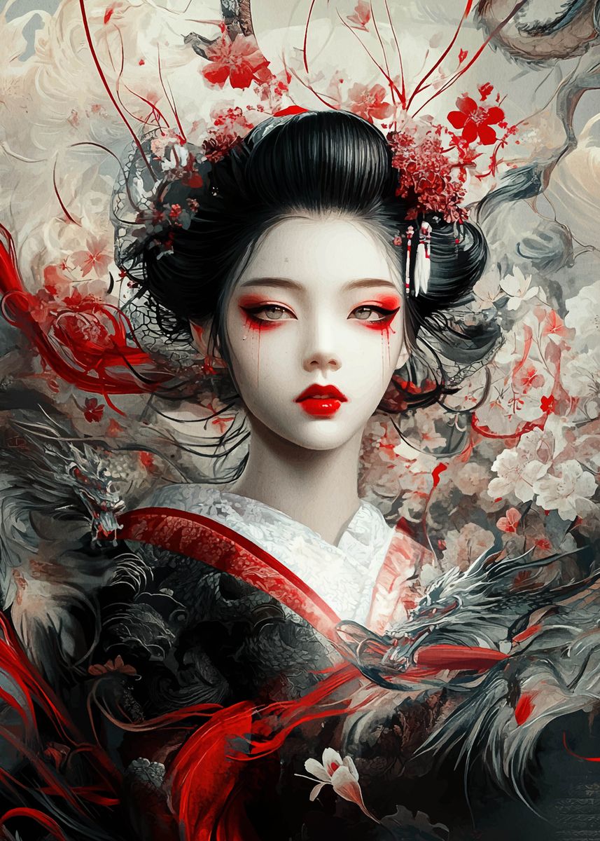 'Geisha with Dragon' Poster, picture, metal print, paint by shaepace ...
