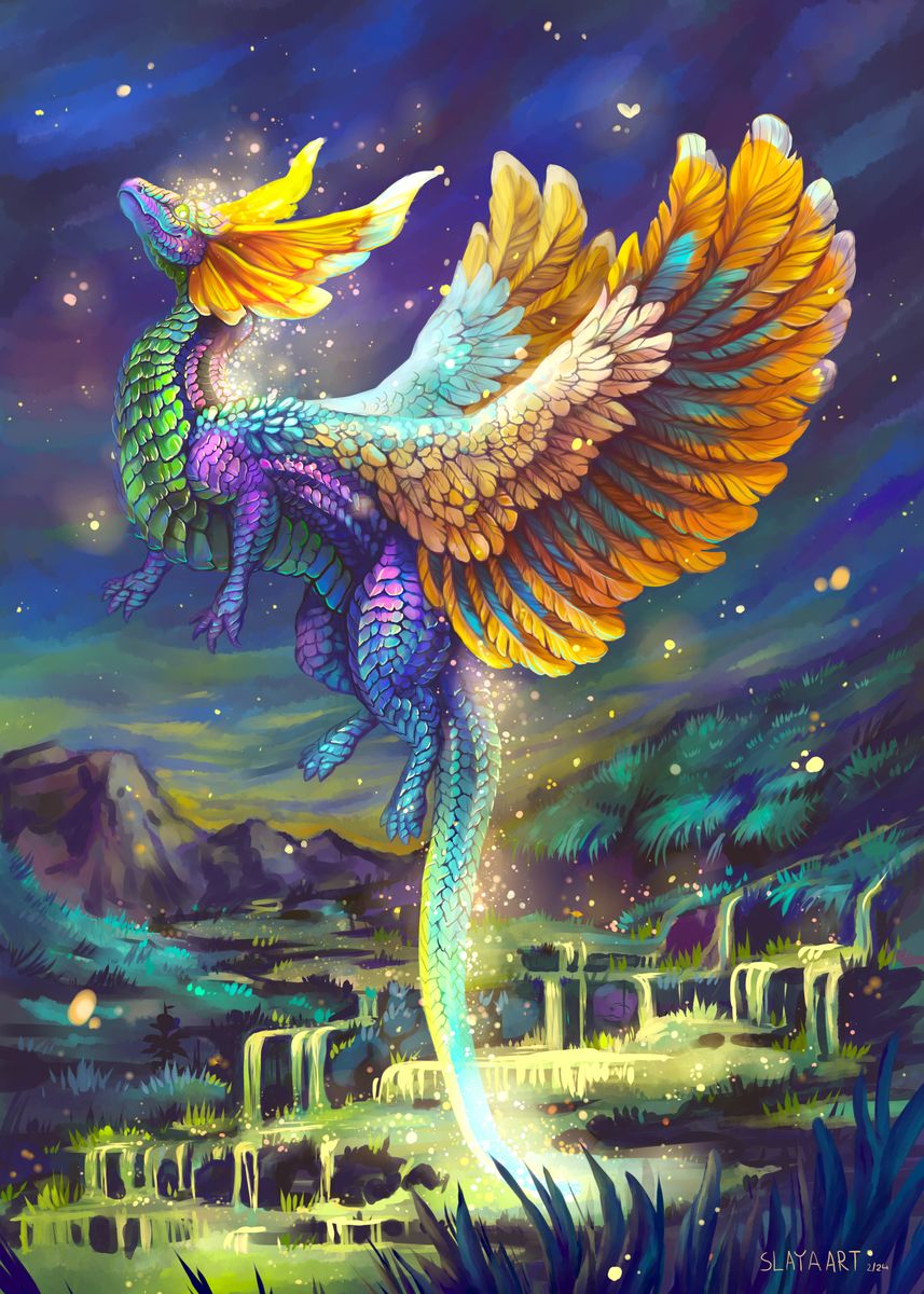 'Magical golden firefly dragon in glowing pool' Poster, picture, metal ...