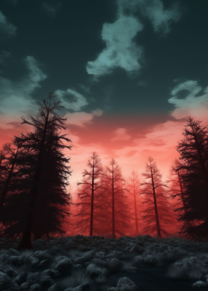 'Red Sky Forest' Poster, picture, metal print, paint by Roman Stasiuk ...
