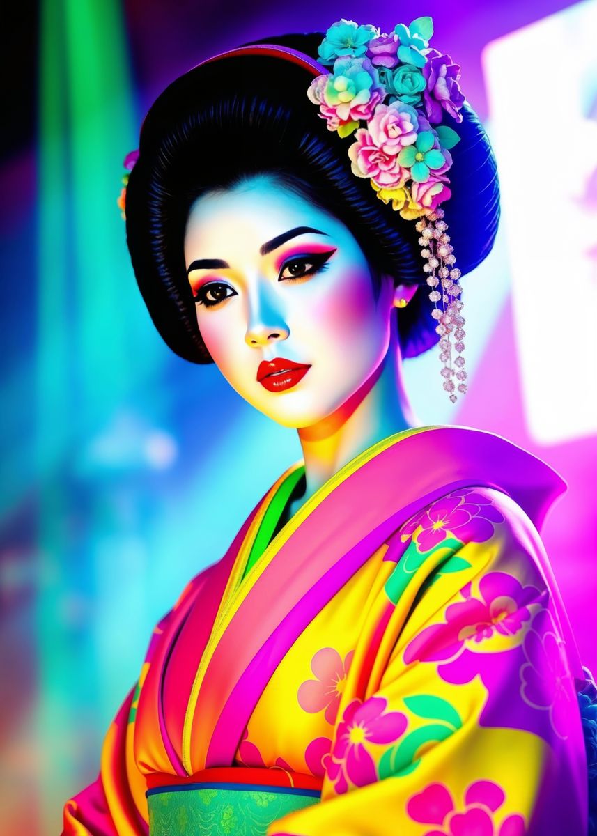 'Gorgeous Geisha in Vibrant Neon Lights' Poster, picture, metal print ...