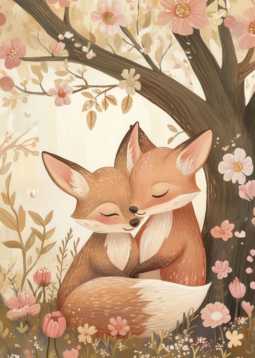 'Cute Fox Couple in Bloom' Poster, picture, metal print, paint by ...