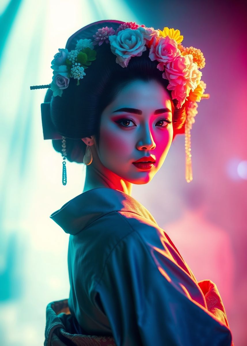 'Pretty Geisha in Soft Neon Lights' Poster, picture, metal print, paint ...