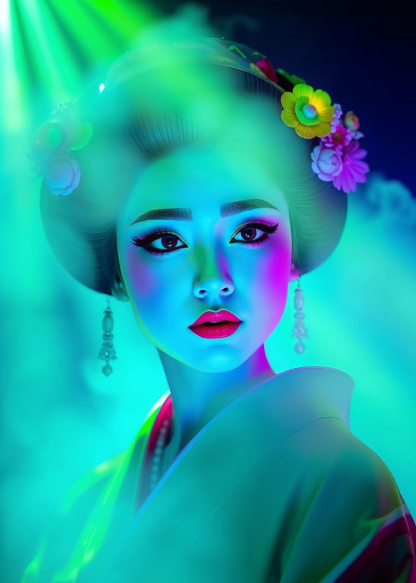 'Geisha in Blue Green Neon Lights' Poster, picture, metal print, paint ...