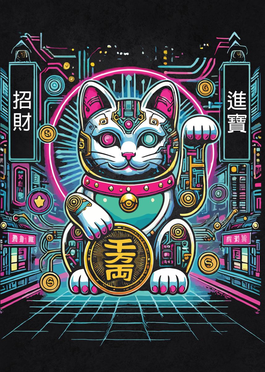 'Cyberpunk Maneki Neko - Tech Fortune Cat' Poster, picture, metal print, paint by CHAN | Displate