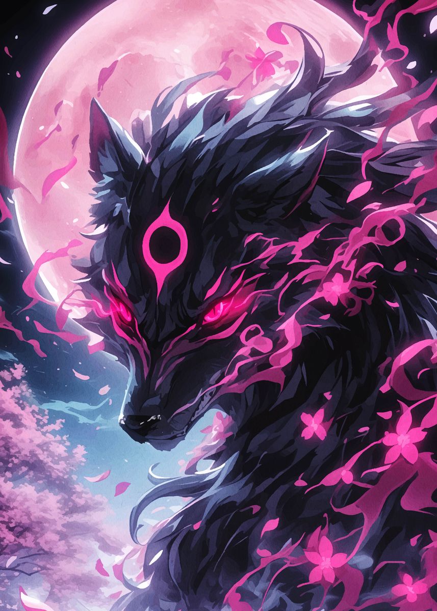 'Black Wolf with Pink Flowers' Poster, picture, metal print, paint by ...