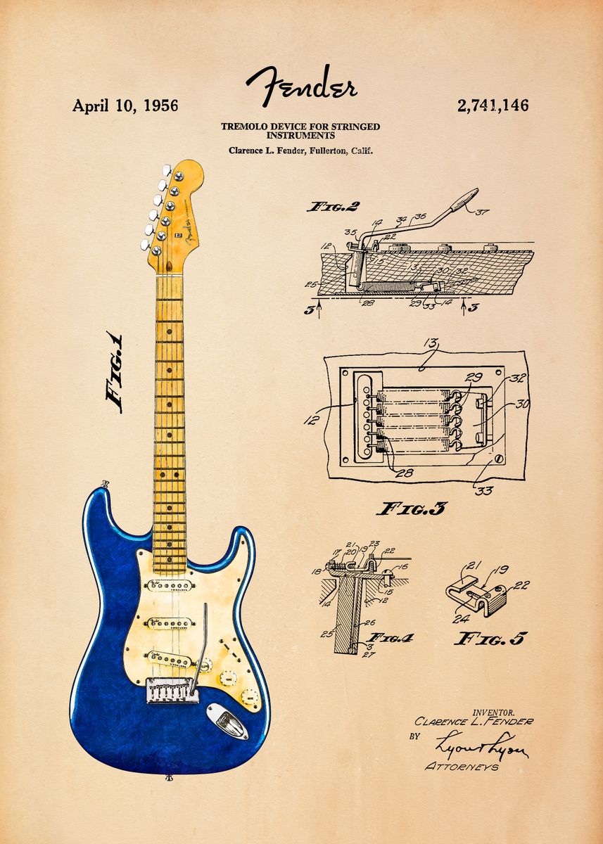 'Fender Guitar Patent' Poster, picture, metal print, paint by Cris de ...