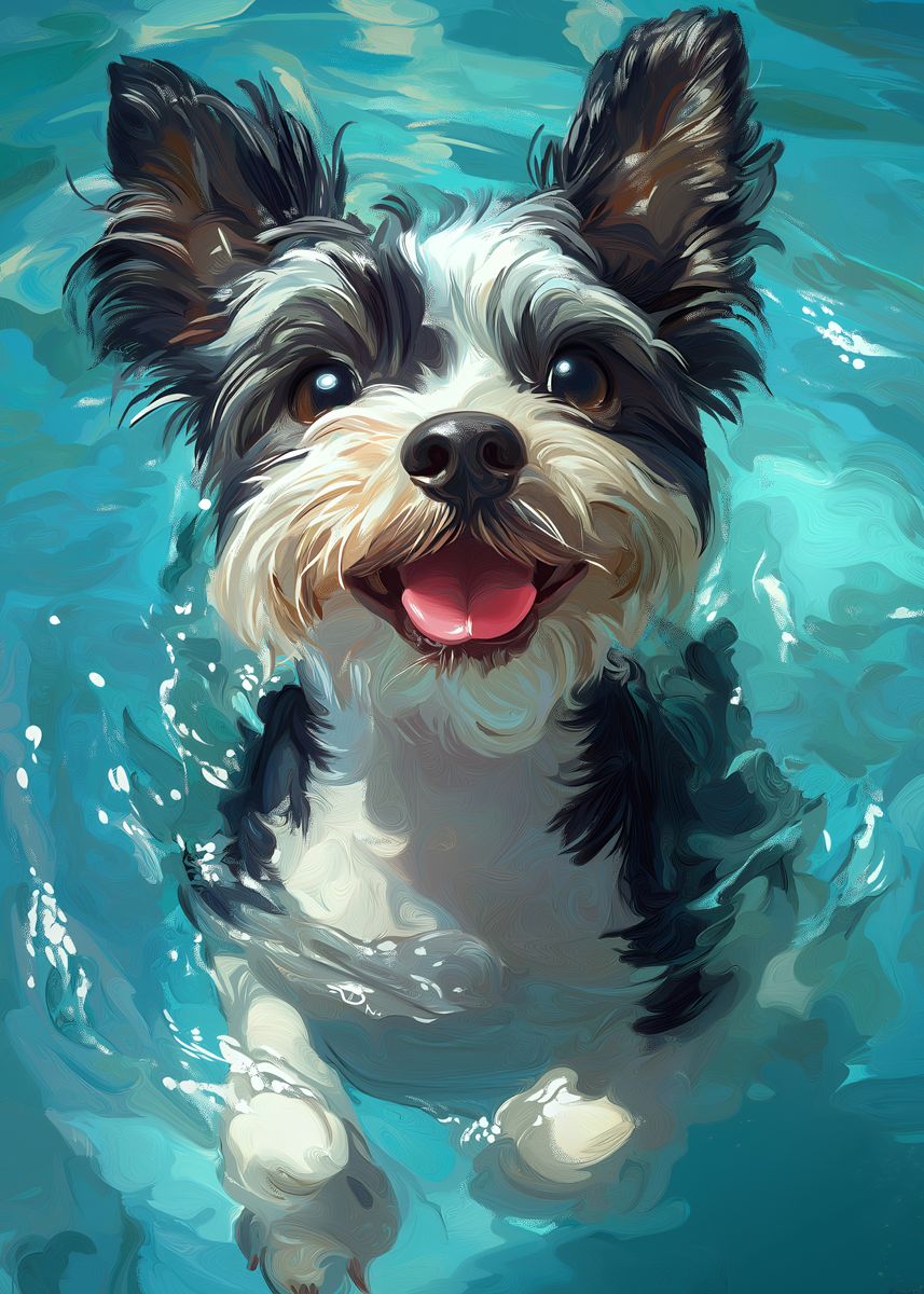 'Happy Dog Swimming' Poster, picture, metal print, paint by Primitive ...