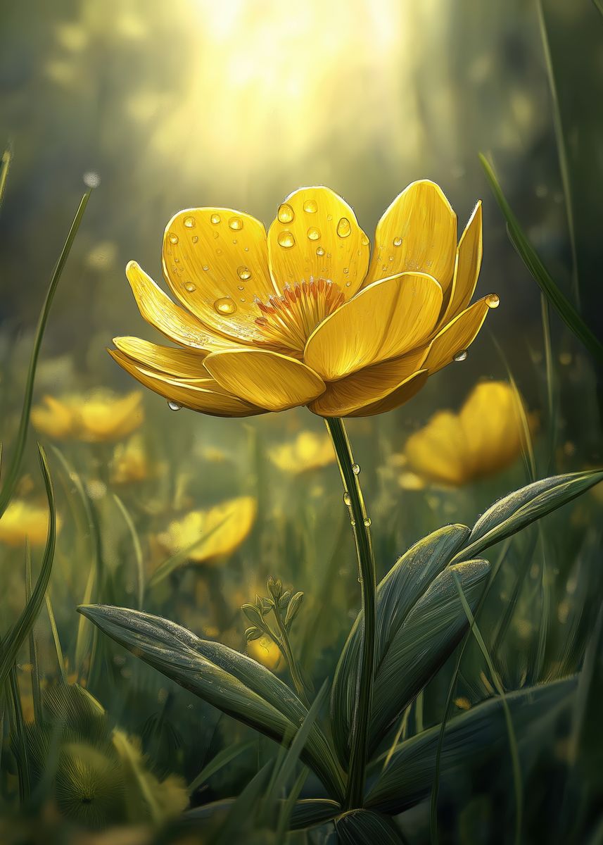 'Yellow Buttercup Flower with Dew Drops' Poster, picture, metal print ...