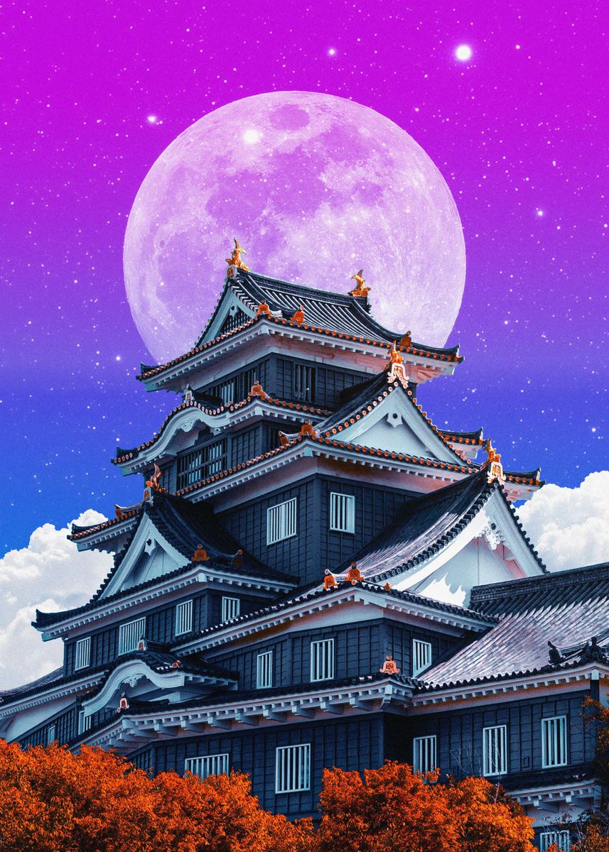 'Japanese Castle Full Moon' Poster, picture, metal print, paint by ...