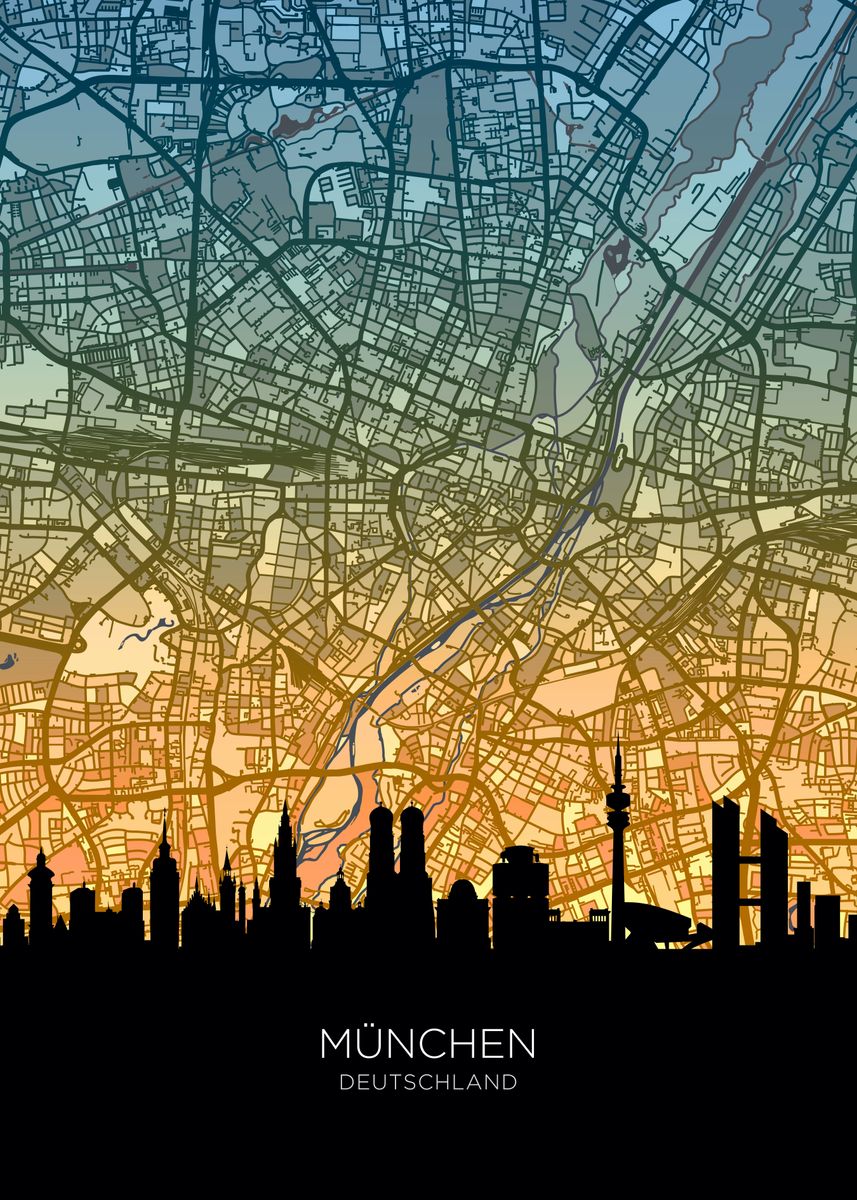 'Munich Skyline Map' Poster, picture, metal print, paint by Michael ...
