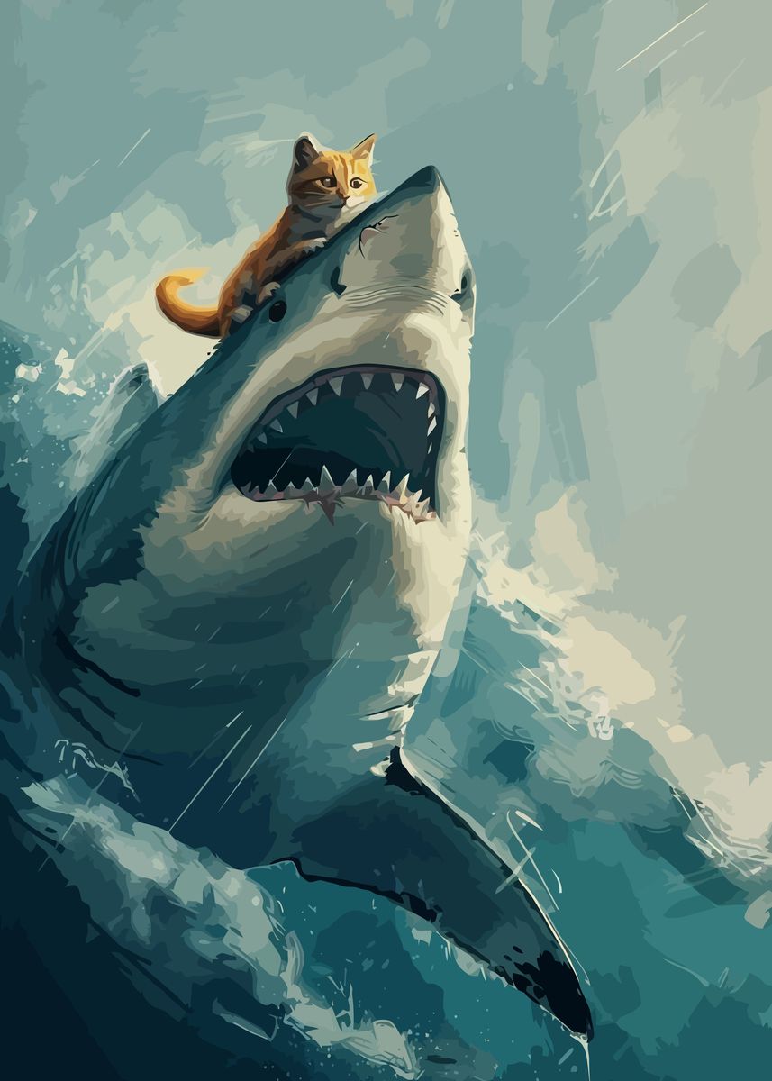 'Cat Riding Shark' Poster, picture, metal print, paint by Your Name ...