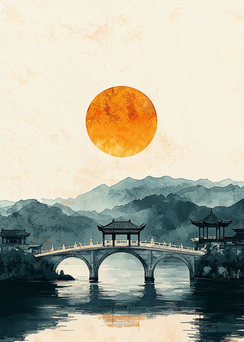 'Japanese Bridge Sunset' Poster, picture, metal print, paint by ...