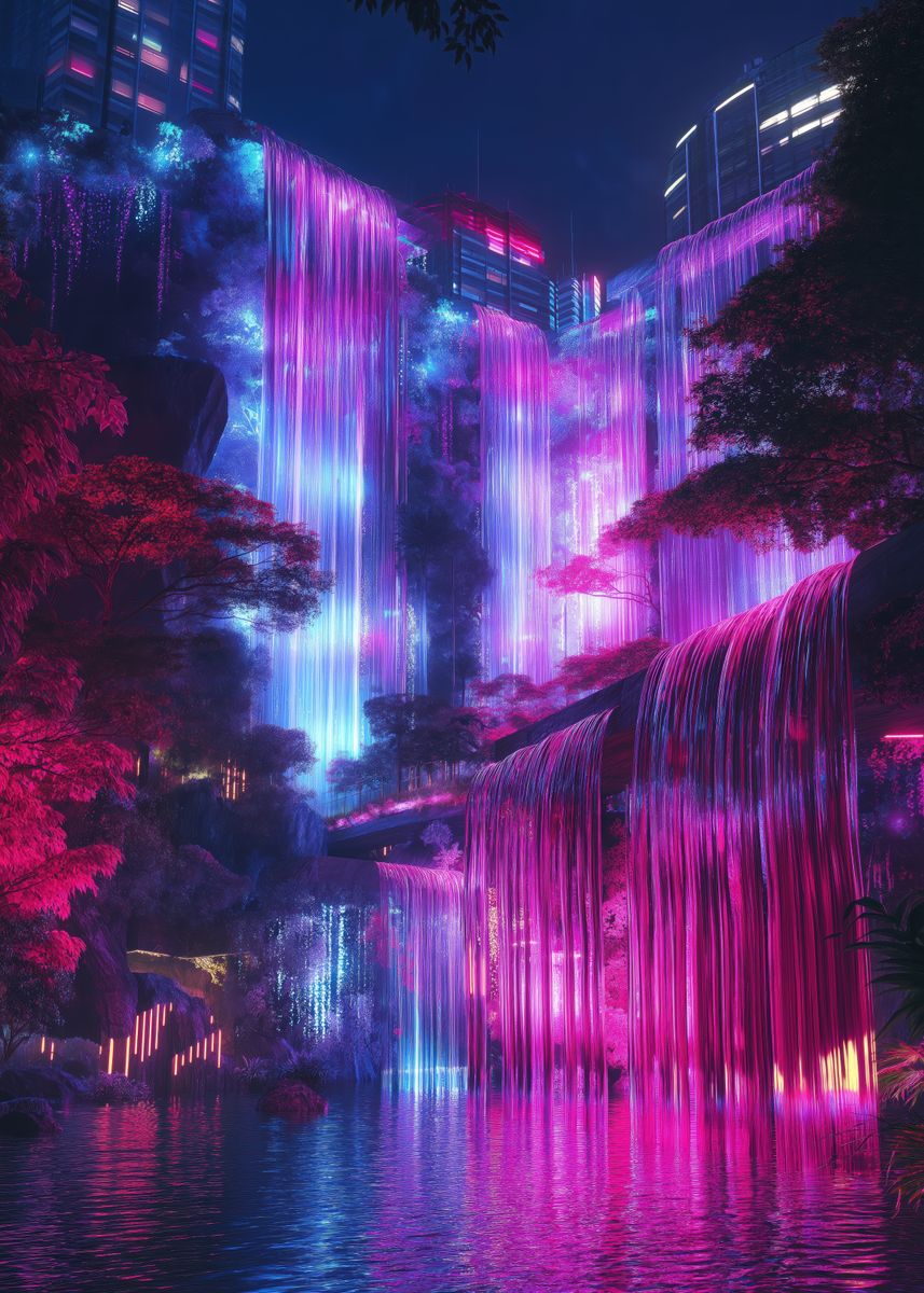 'Neon Waterfall Cityscape' Poster, picture, metal print, paint by ...