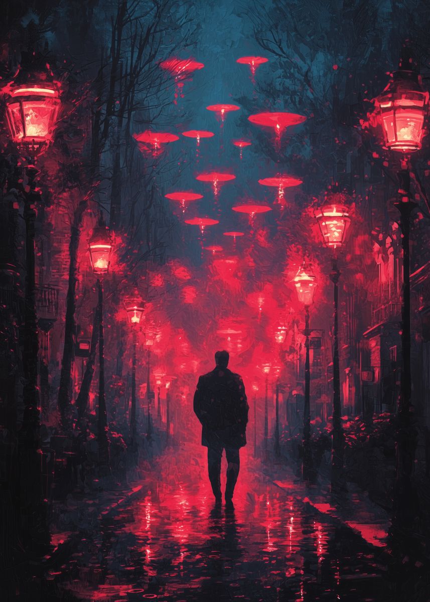 'Red Night City' Poster, picture, metal print, paint by Tesiga | Displate