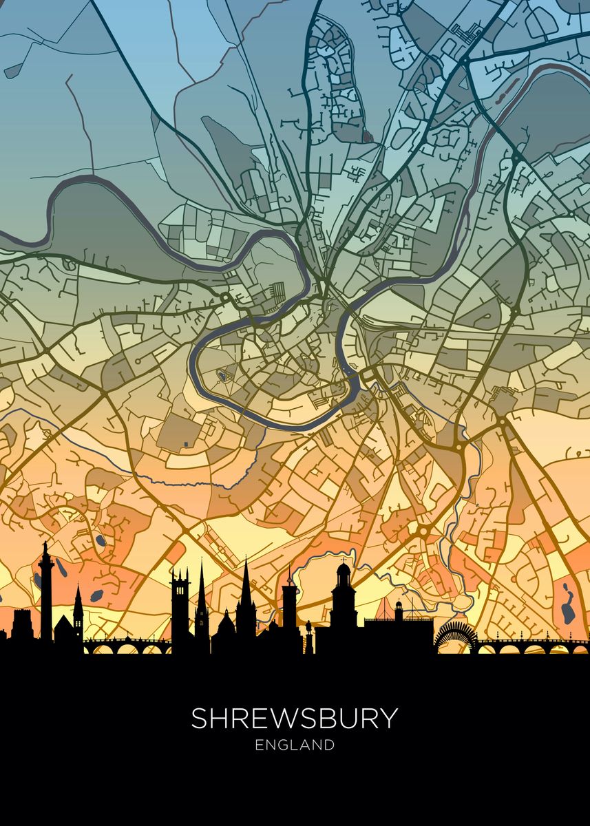 'Shrewsbury Skyline Map' Poster, picture, metal print, paint by Michael ...